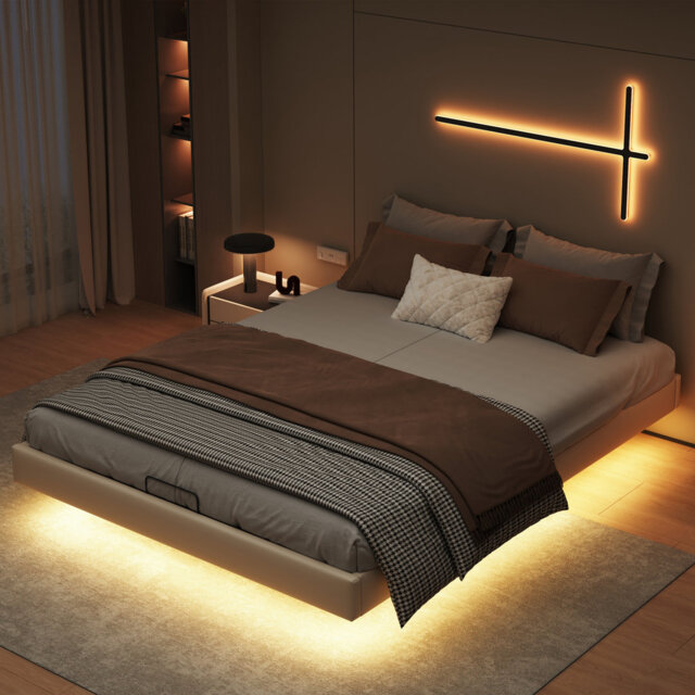 Floating Design Ottoman Bed Frame With Underbed LED & Lift-Up Storage ...