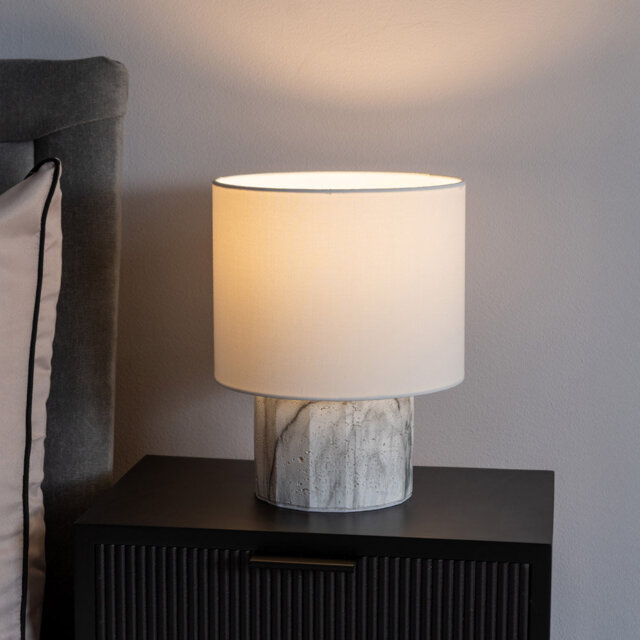 Melanie White Marble Effect Table Lamp with White Linen Lamp Shade by ...