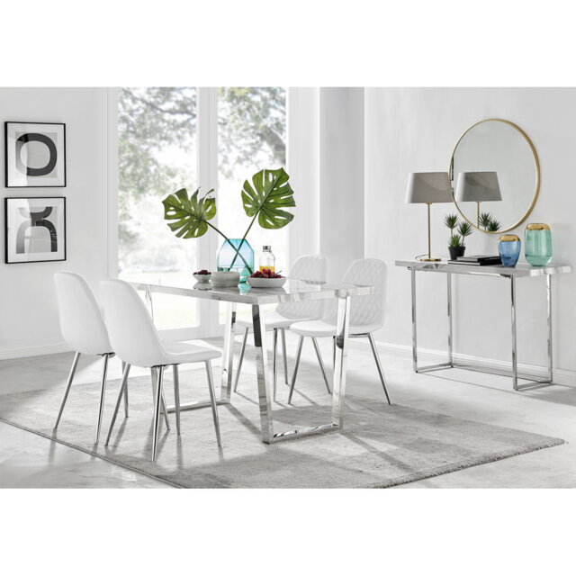 Kylooe Modern Marble And Silver Dining Table Set With 4 Luxury Faux ...