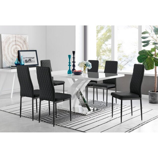 Marietta Chrome Metal & White High Gloss Dining Table Set - 6 Soft ...