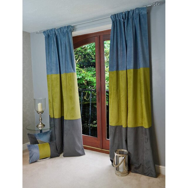 Crosen Patchwork Velvet Curtains 2 Panels Blue, Gold & Grey Luxury Soft ...
