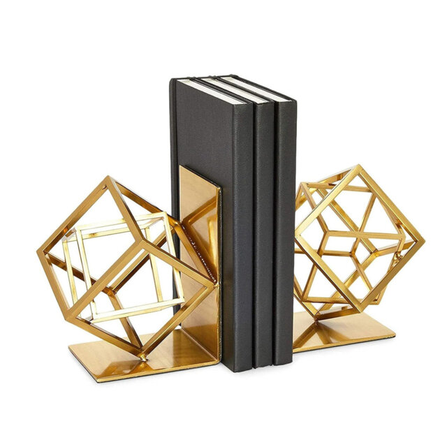 Gold Metal Geometric Bookends Set - Square Design with Anti-Slip Pads ...