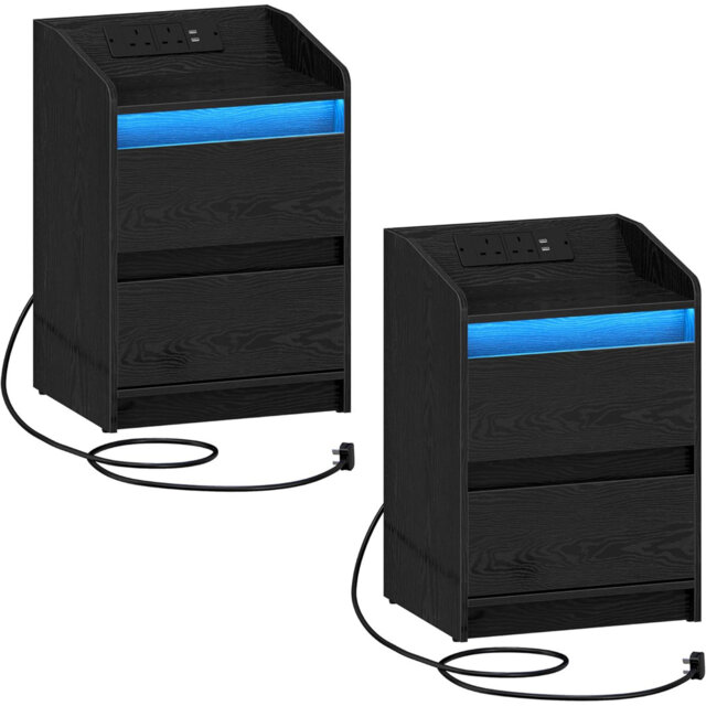 Bedside Table Set of 2 with LED Lights, Bedside Cabinet with Charging ...