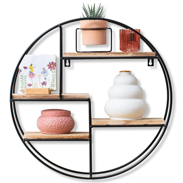 4-Shelf Round Circle Wall Shelf: Wood & Welded Metal Floating Design ...