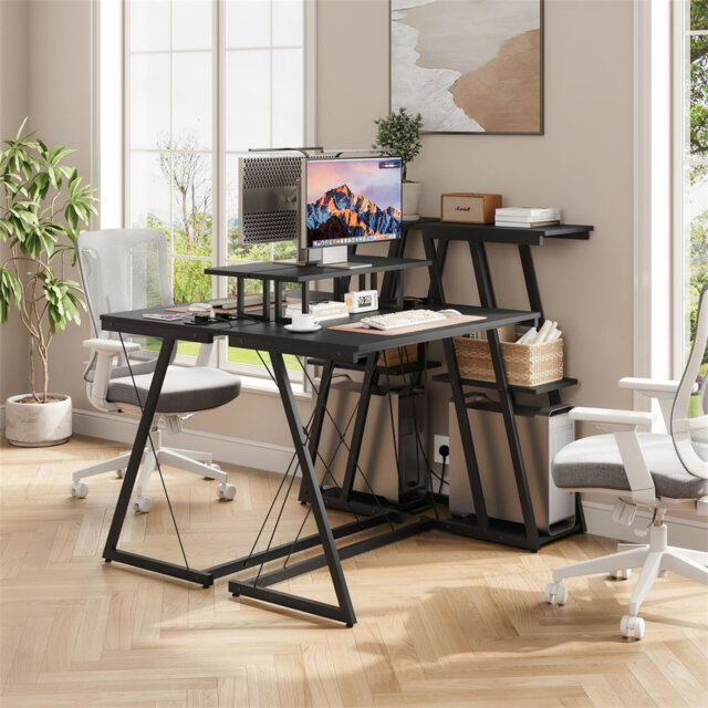 Computer Desk With 3-Tier Reversible Storage Shelves, Power Outlets And ...