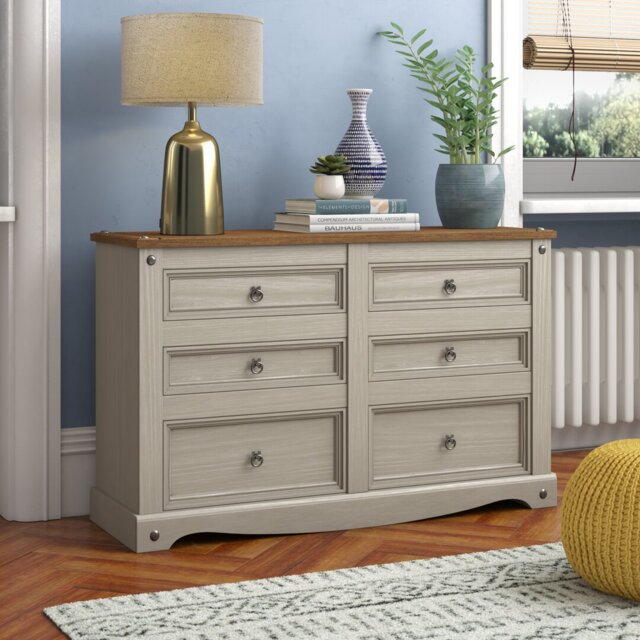 Wes 6 Drawer (3+3) Wide Chest of Drawers, Pine Wax Finish, Corona ...