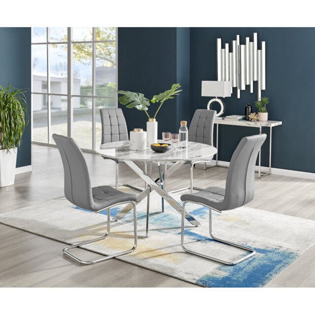 Tierra Modern Chrome Metal & Glass Round Dining Table Set with Modern ...
