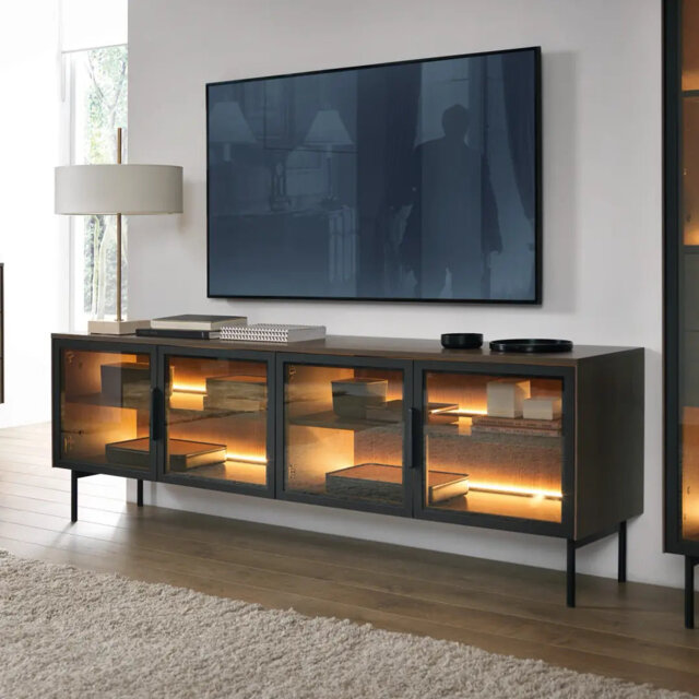 Lumi TV Cabinet 181cm - Oak Dunin & Black Glass-Fronted Media Unit with ...
