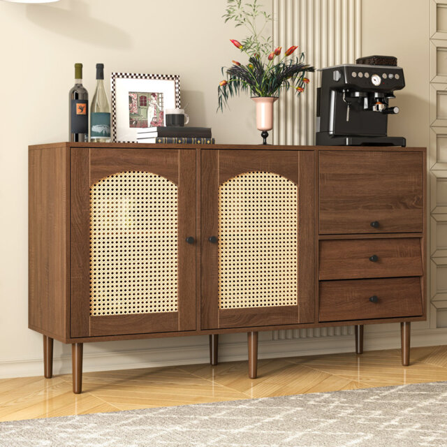 Sideboard With Rattan Doors, 130×75.5×40 Cm, Adjustable Shelves by ...