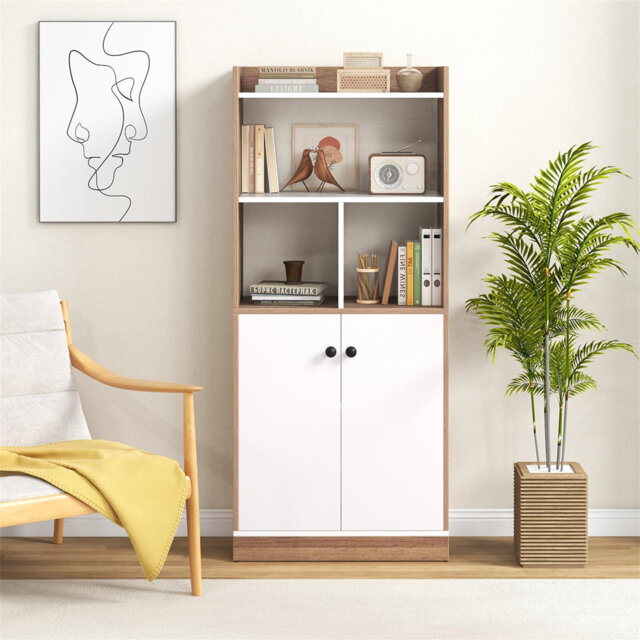 4-Layer Bookcase With 2 Doors, Modern Display Cabinet, High Bookshelf ...