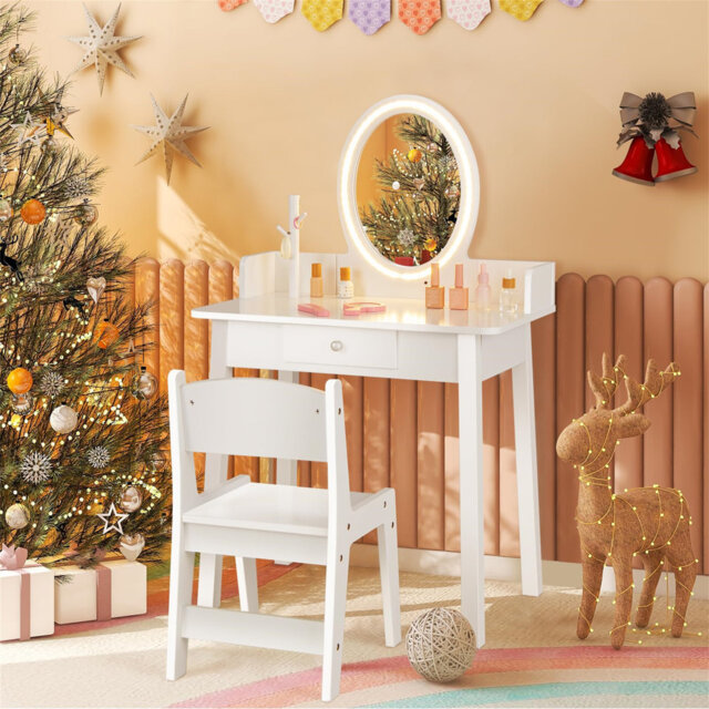 Vanity Table And Chair, Wooden Children Dressing Table With 2-Color LED ...