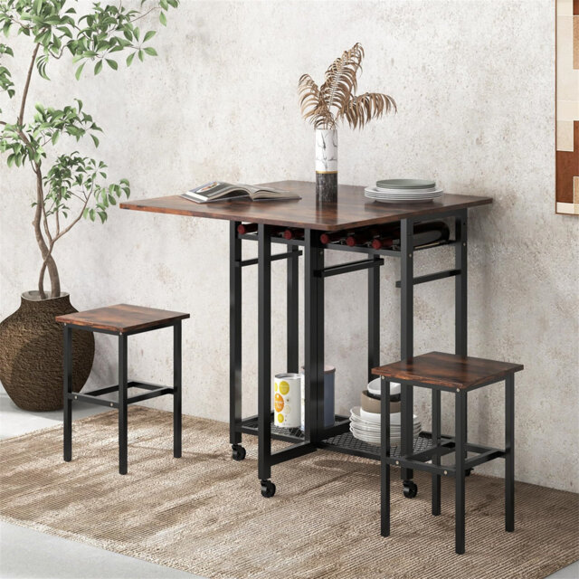 3-Piece Dining Table Set, Foldable Flip Table And 2 Stools With Wine ...