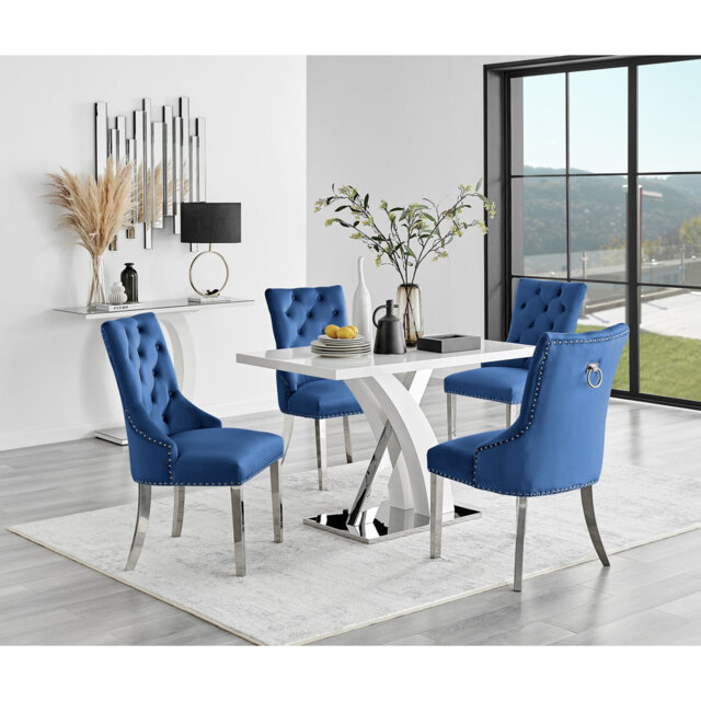 Marietta Chrome Metal & White High Gloss Dining Table Set - 4 Button ...