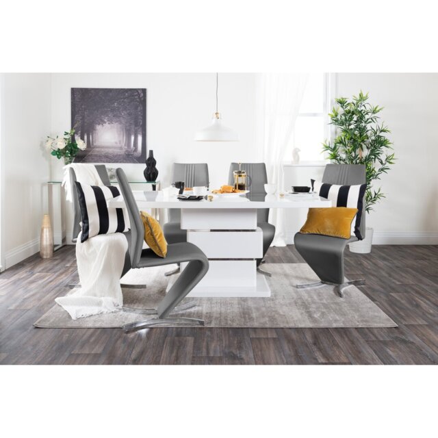 Corova High Gloss Chrome Dining Table Set with 6 Modern Design Faux ...