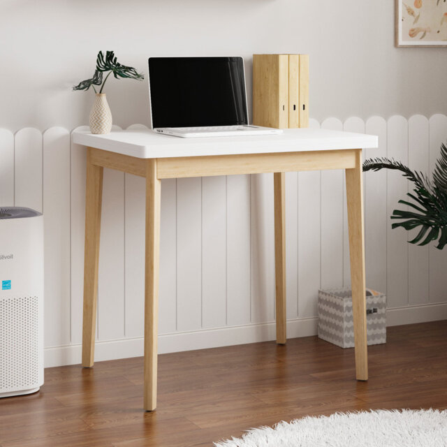 120W Modern Computer Desk, White Top with Natural Wood Legs, Compact ...
