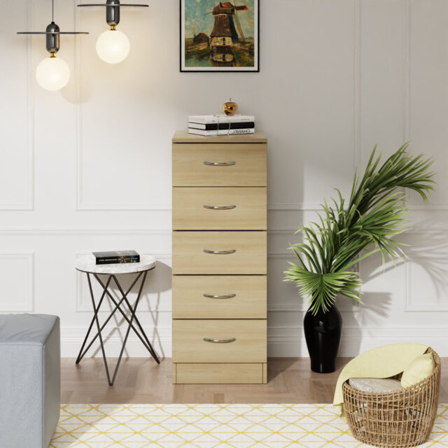 Delonna Narrow Tall Chest of 5 Drawers Bedside Bedroom Hallway Storage ...