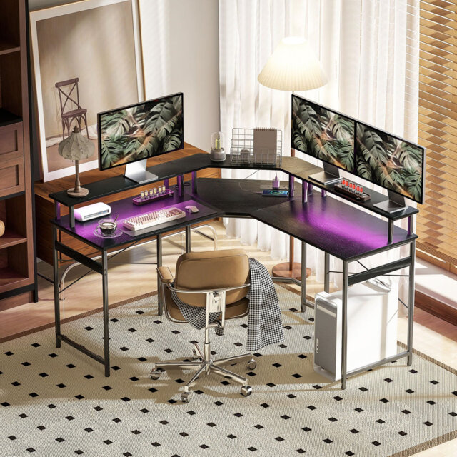 L-Shaped Desk With Power Sockets And LED Lights, Corner Computer Desk ...