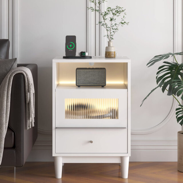 Modern Bedside Table with Charging Station, Glass Drawers, and LED ...