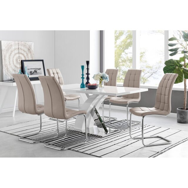 Marietta Chrome Metal and White High Gloss Dining Table Set - 6 Modern ...