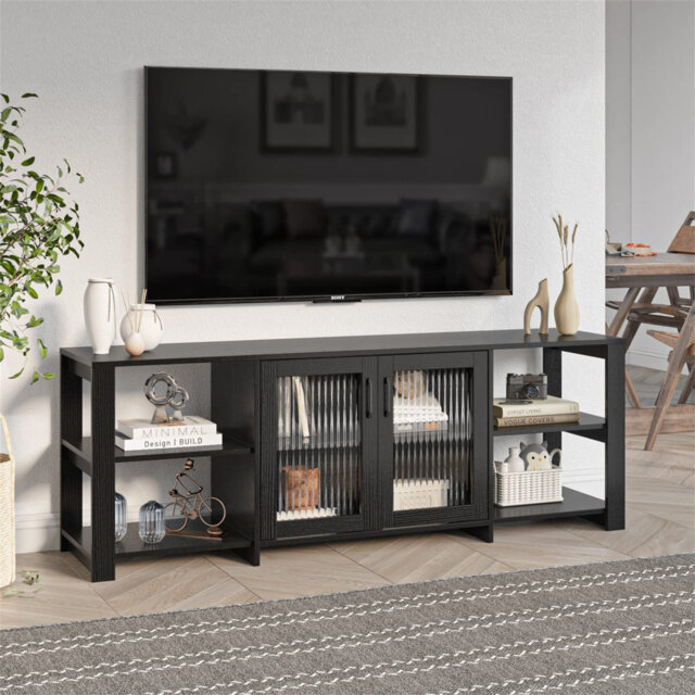 Modern 63“ TV Unit TV Stand With 2 Door 4 Cubby Open Shelves (Black) by ...