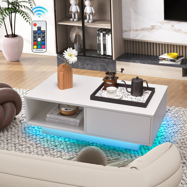 Coffee Table W/LED Lights Modern High Gloss Rectangle Table Remote ...