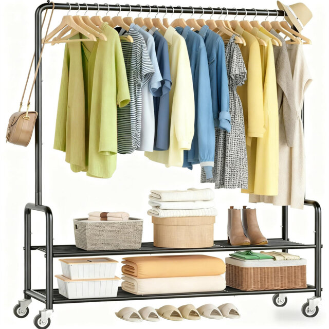 "Heavy Duty Clothes Rail Rack With Shelves 46.5"" Large Rolling ...