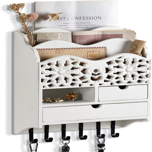 3-Slot Magazine File Holder, Wall Letter Rack With 2 Drawers And 6 Key ...