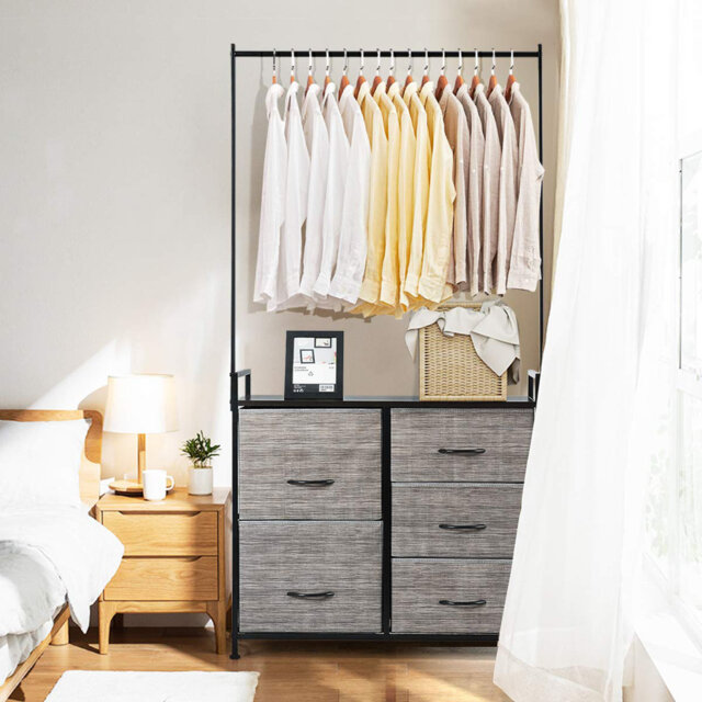 Hanging Clothes Rail, Metal Garment Rack Dress Shelf With 5 Storage ...