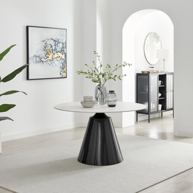 Nico Statement Pillar Leg Round Marble Effect Ceramic 4/6 Seater Dining ...