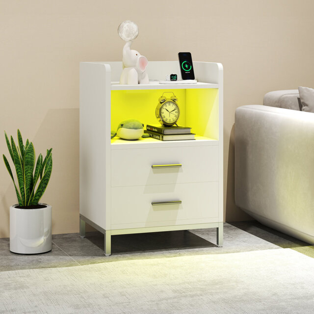Metro Lane Bedside Table With Charging Station,2-Drawer Bedside Cabinet ...