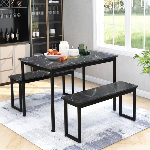 3-piece Black Particle Board Dining Table And Bench Set 4-person Space ...