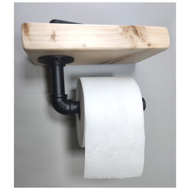 Wooden Handmade Rustic Toilet Roll Black Holder with Shelf Length of ...