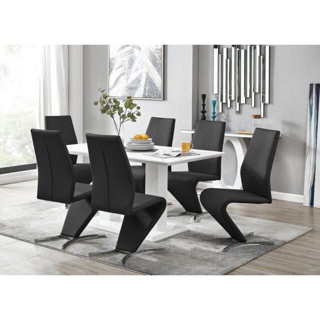 Edzard Double Pedestal High Gloss Dining Table Set with 6 Modern Faux ...