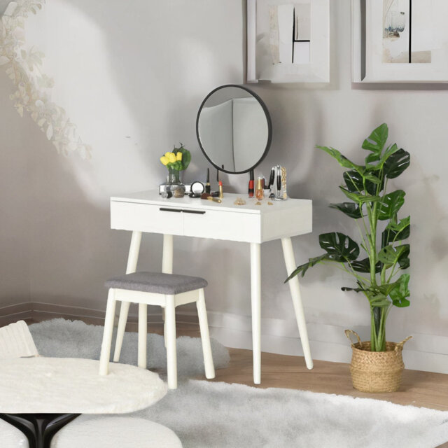Alejah White Solid Dressing Table with Stool and Mirror Makeup Desk Bedroom Furniture by Wayfair ...