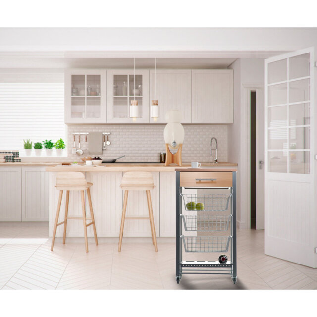 April Kitchen Trolley With 3 Baskets, Stainless Steel Box, Bottle Rack ...