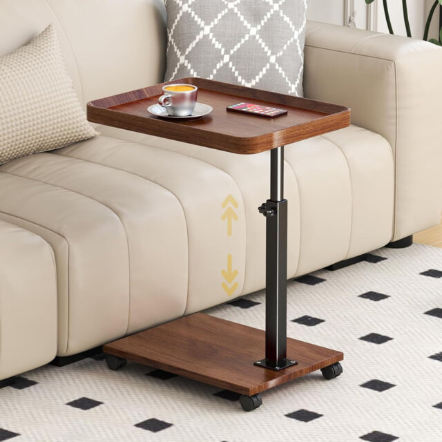 Side Tables C Shape with Wheels, Height-Adjustable, Wood, 360° Rotating ...