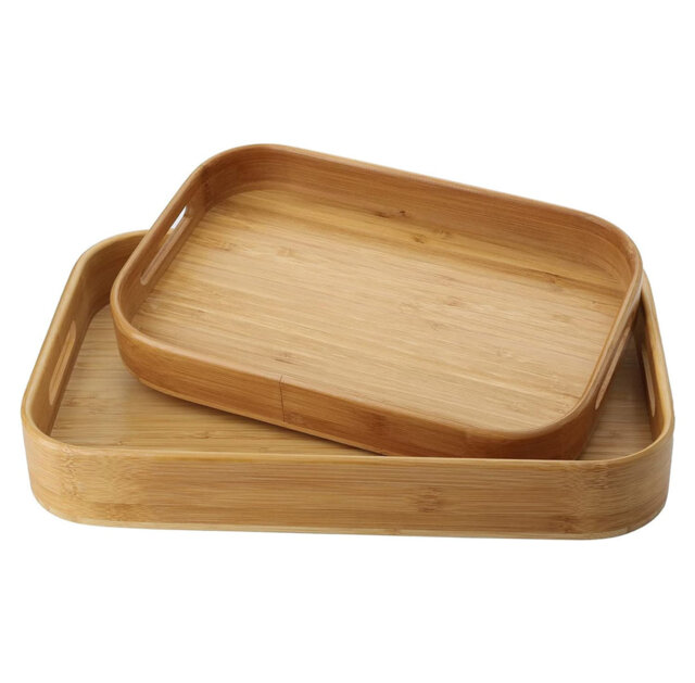 Set of 2 Bamboo Serving Trays with Handles - Solid Wood Breakfast Trays ...