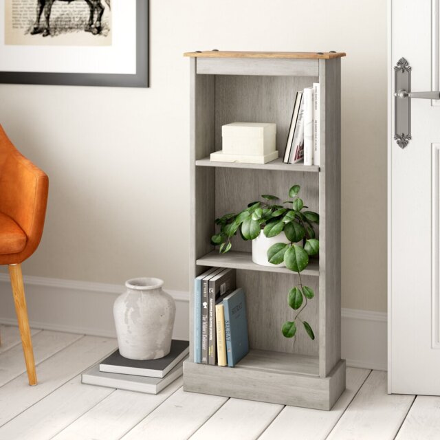 St Blazey Low Narrow 3 Shelf Bookcase, Grey And Antique Wax Finish ...