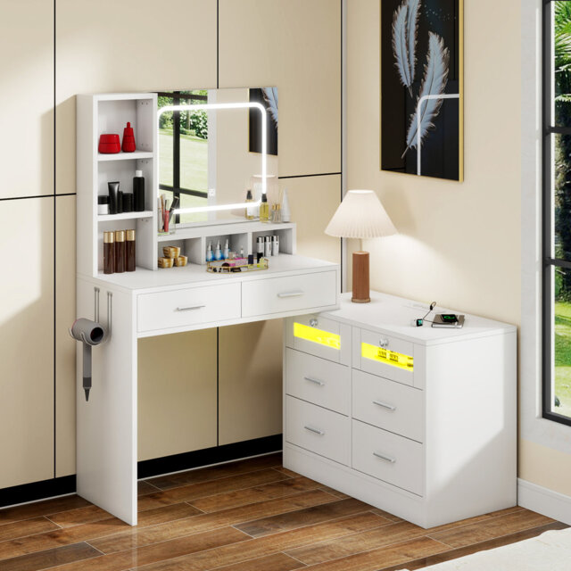 138Cm W Dressing Table with Mirror，6-Drawer White Makeup Vanity Table by Wayfair | ufurnish.com