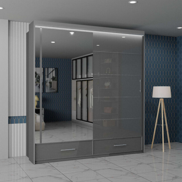 Desilets High Gloss Sliding Wardrobe with Mirror by Wayfair | uFurnish.com