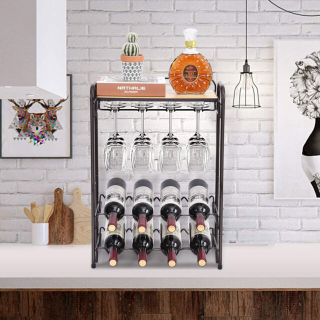 Blessed 8 Bottle Tabletop/Countertop Wine Bottle & Glass Rack in Brown ...