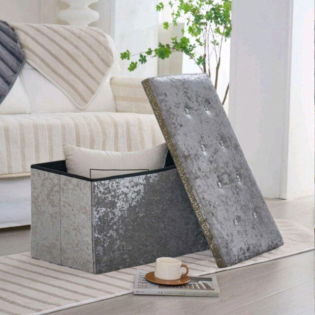 Greek Pattern Velvet Ottoman Storage Box Foldable 2-Seater Bench ...