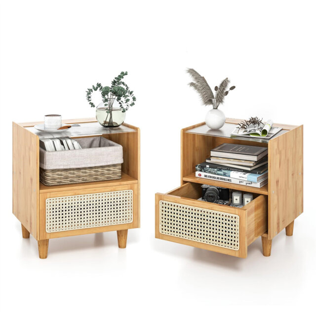 Rattan Bedside Table, Bamboo Nightstand End Sofa Side Table With ...