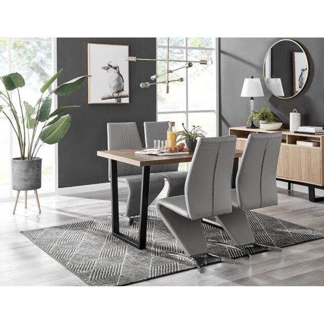 Kylooe Modern Brown Wood And Black Metal Dining Table Set With 4 Modern ...
