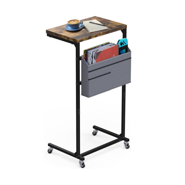 C Shaped End Table with Wheels, Side Table for Bedside, Couch and ...