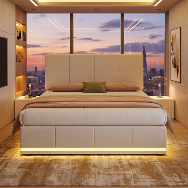 Modern 4Ft6 Double Ottoman Bed With LED Lights, Faux Leather Storage ...