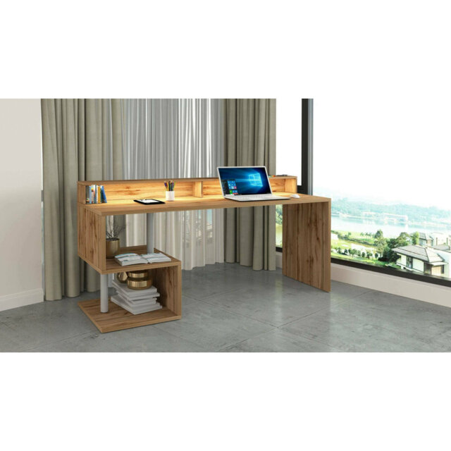 Desk Dcalebokol, Linear desk with storage shelves and LED lights ...