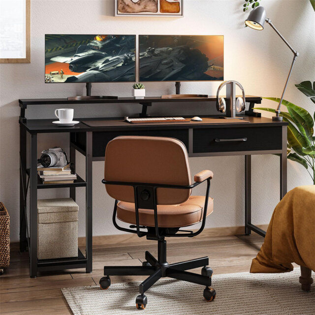 Desk, desk with 2 drawers, computer desk with shelves and monitor stand ...