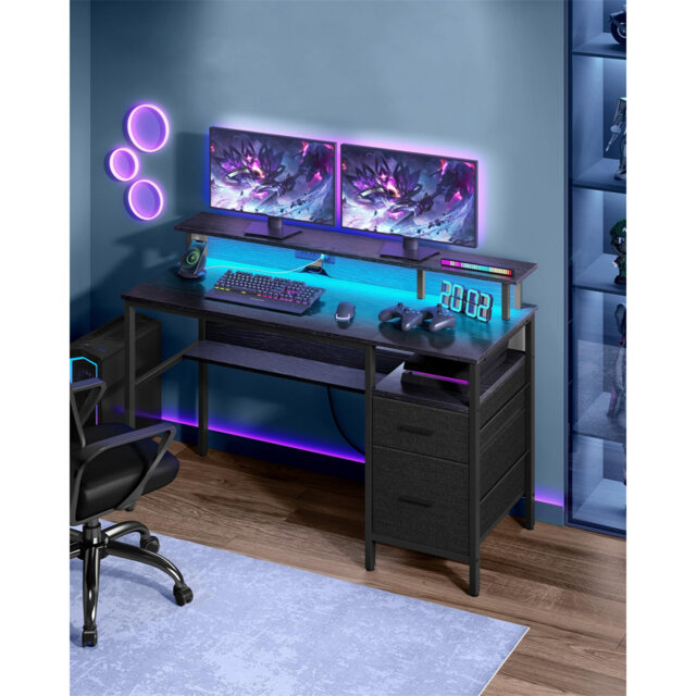 Gaming Desk With LED Lights And Built-In Power Outlets, Computer Desk ...