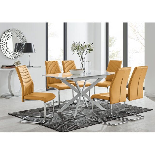 Eubanks Modern High Gloss Extendable Dining Table Set with x6 Luxury ...